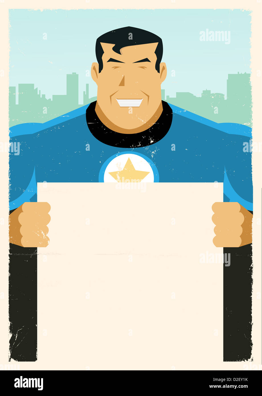 Illustration of a stylized Super Hero holding advertisement sign Stock ...