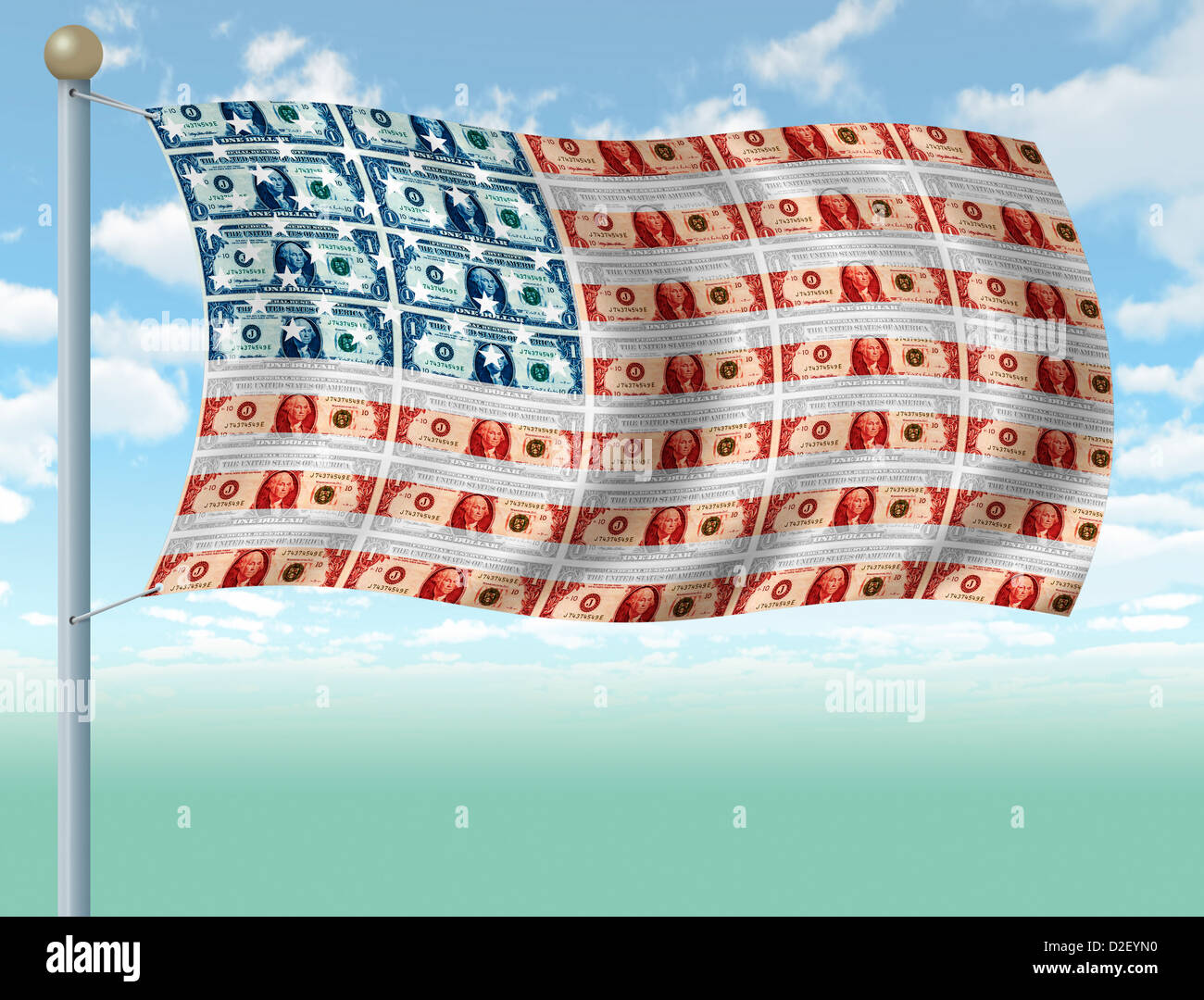 Illustration of wavy American flag made of dollar bills on pole against ...