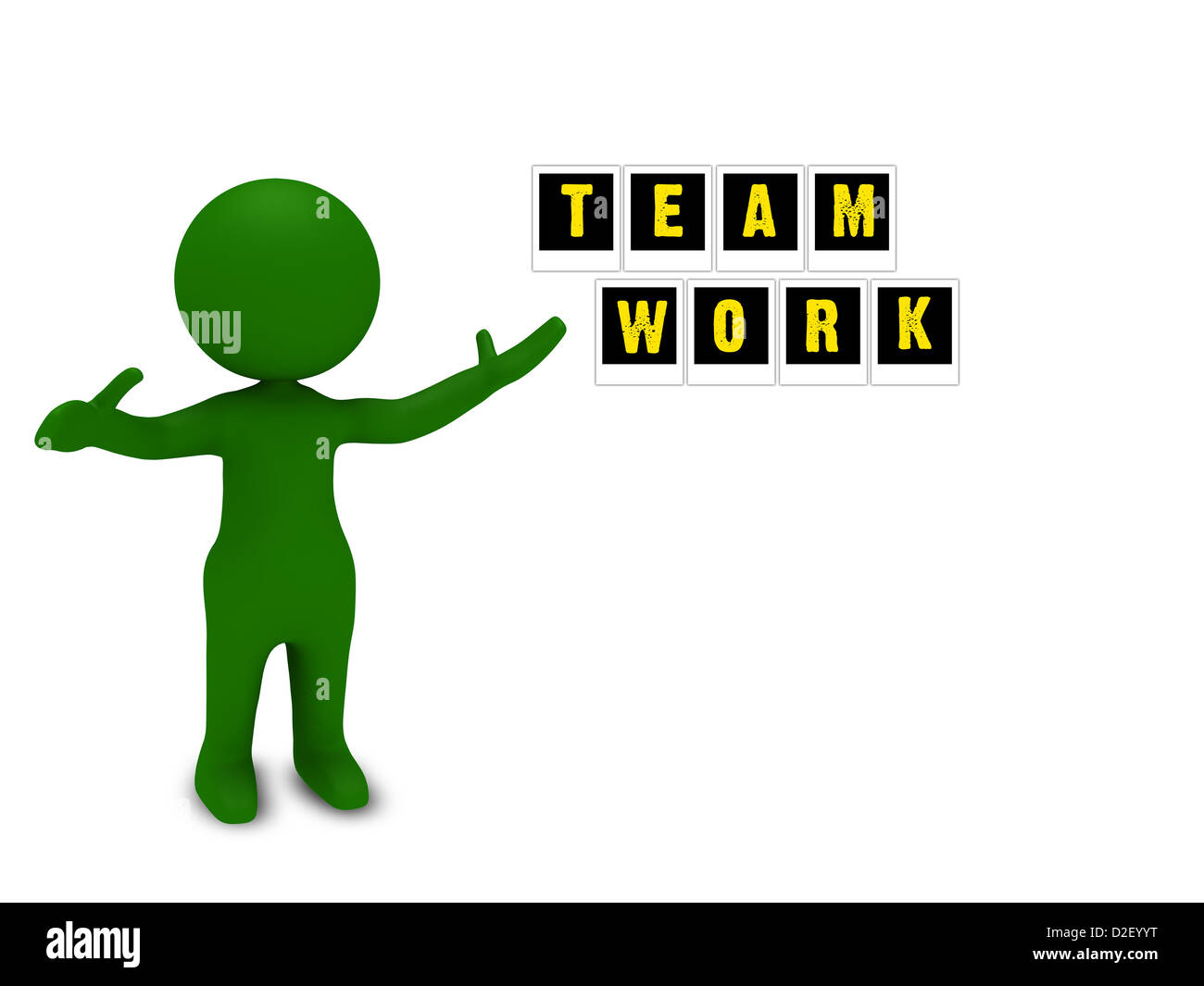 3d green character with teamwork text Stock Photo - Alamy