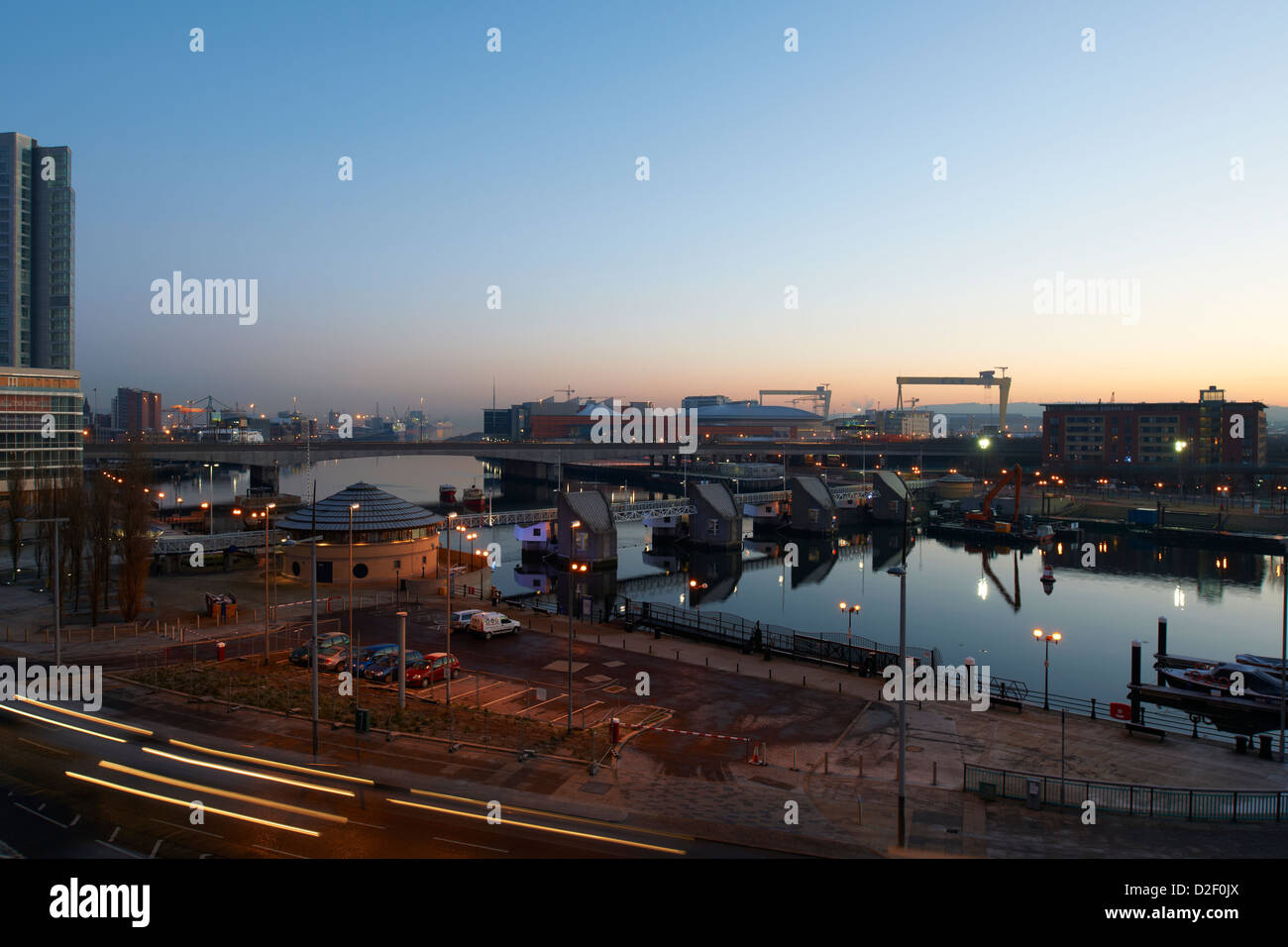 View across the river Lagan and Donegall Quay towards the Odyssey Arena ...