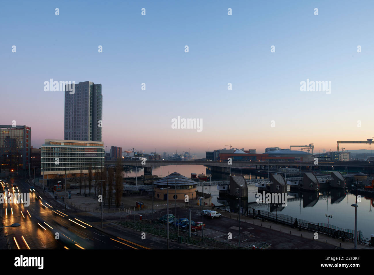 View across the river Lagan and Donegall Quay towards the Odyssey Arena ...