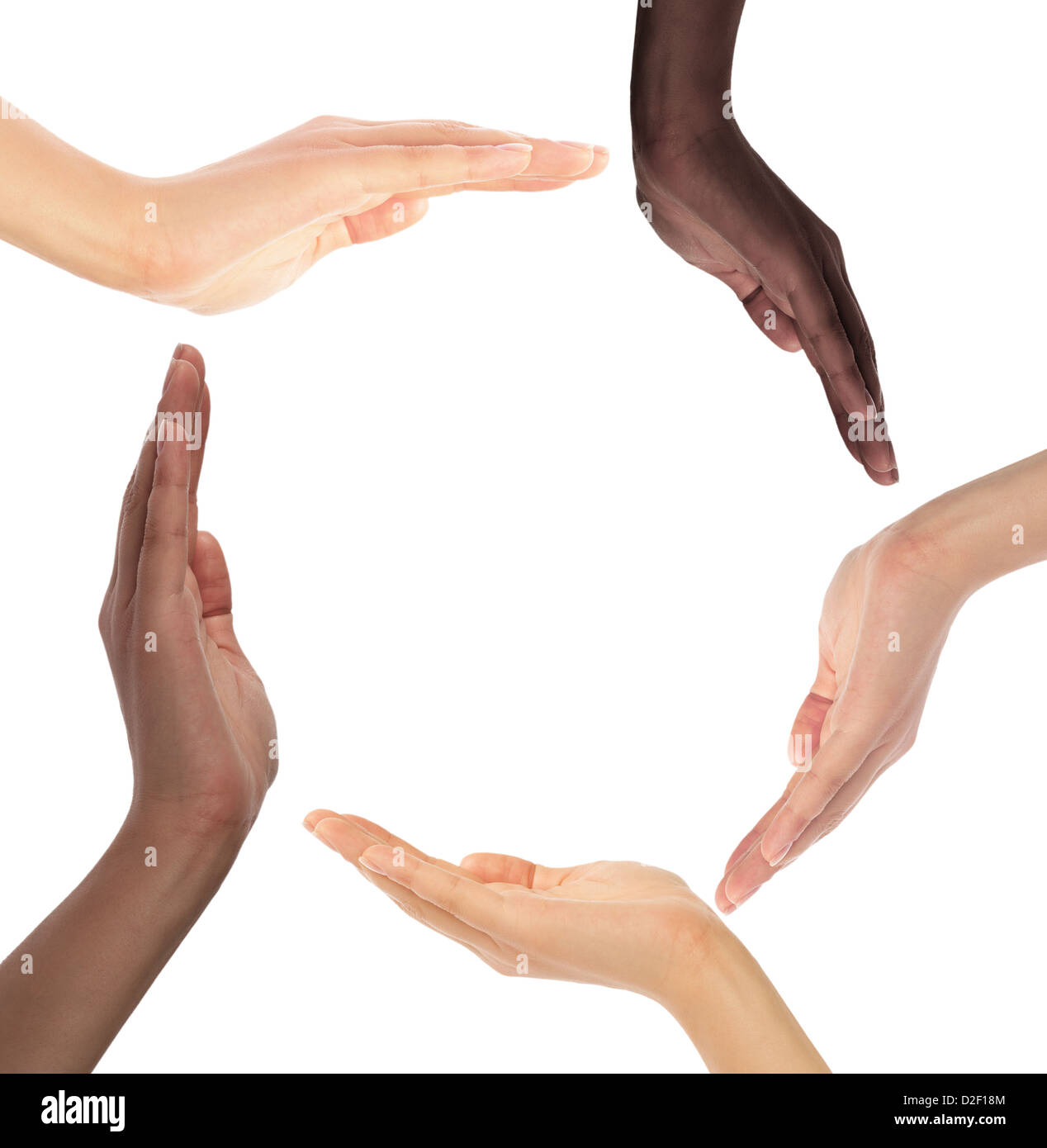 Conceptual symbol of multiracial human hands making a circle on white ...
