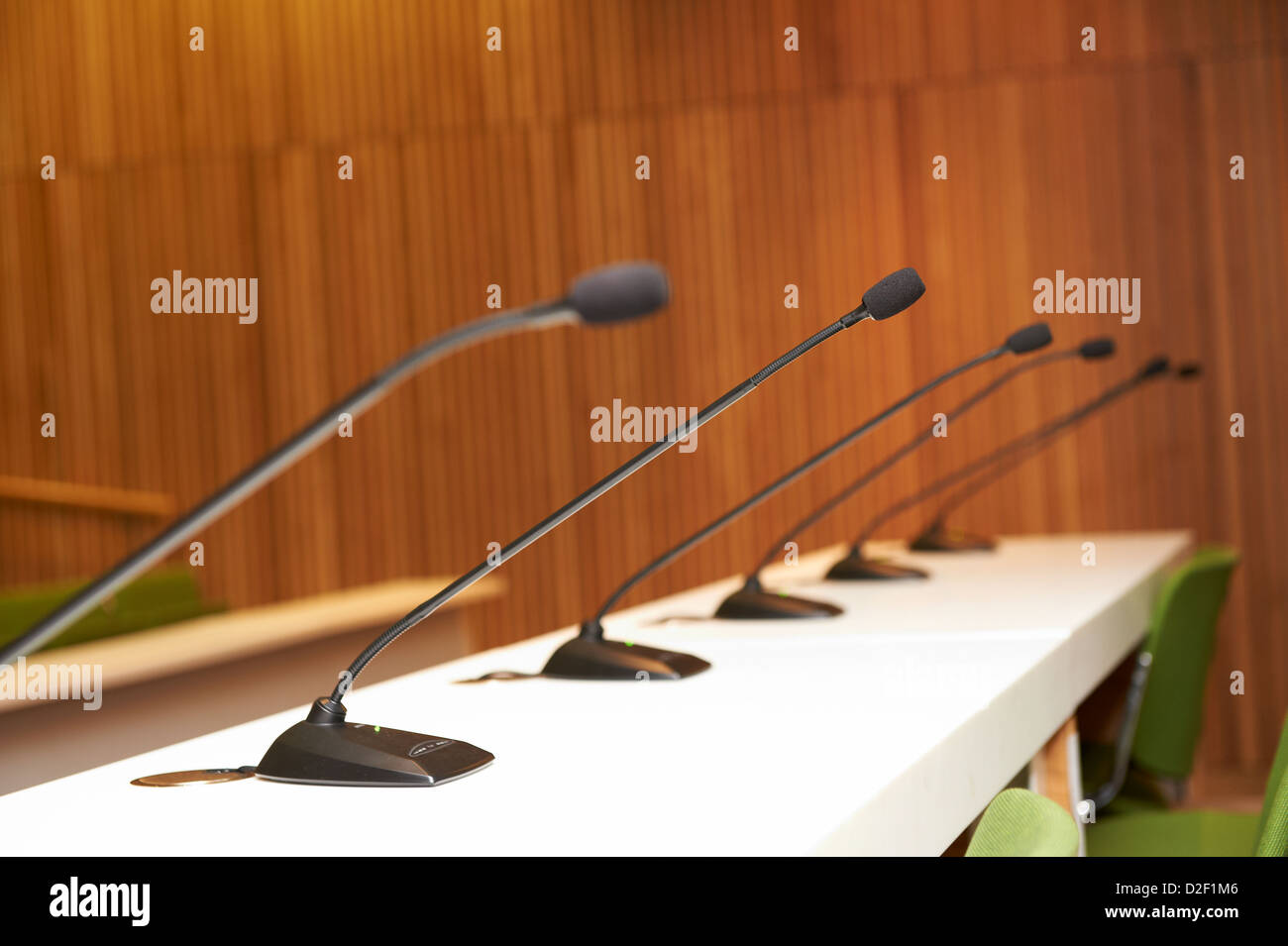 microphones set up for press conference at Aviva Stadium in Dublin ...