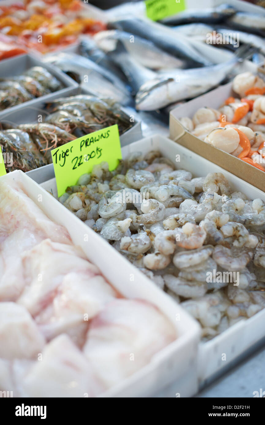Fresh selection of seafood at fishmonger stall, St Georges market ...