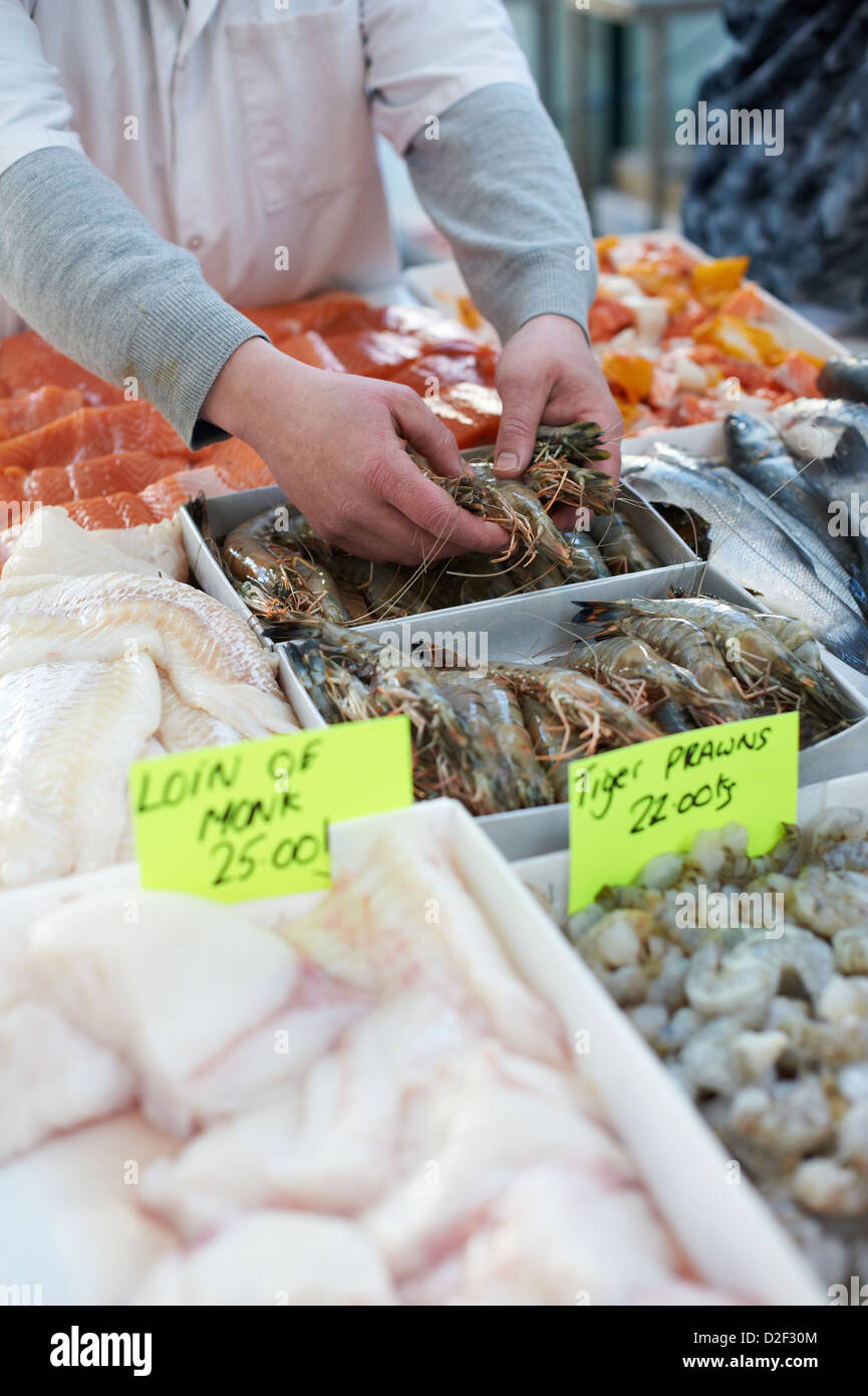 Fresh selection of seafood at stall being handled by fishmonger, St ...