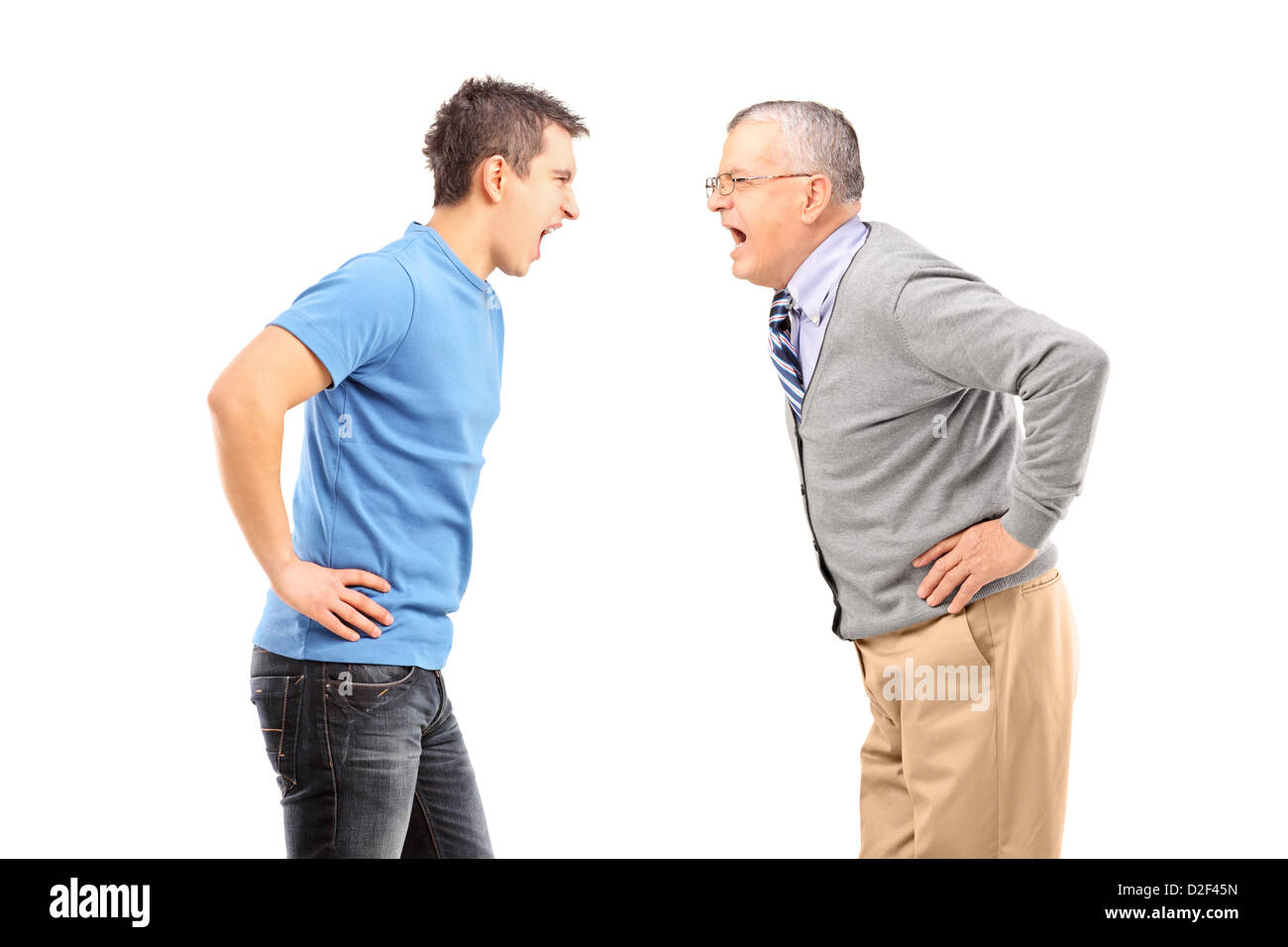 Angry father and son having an argument, isolated on white background ...