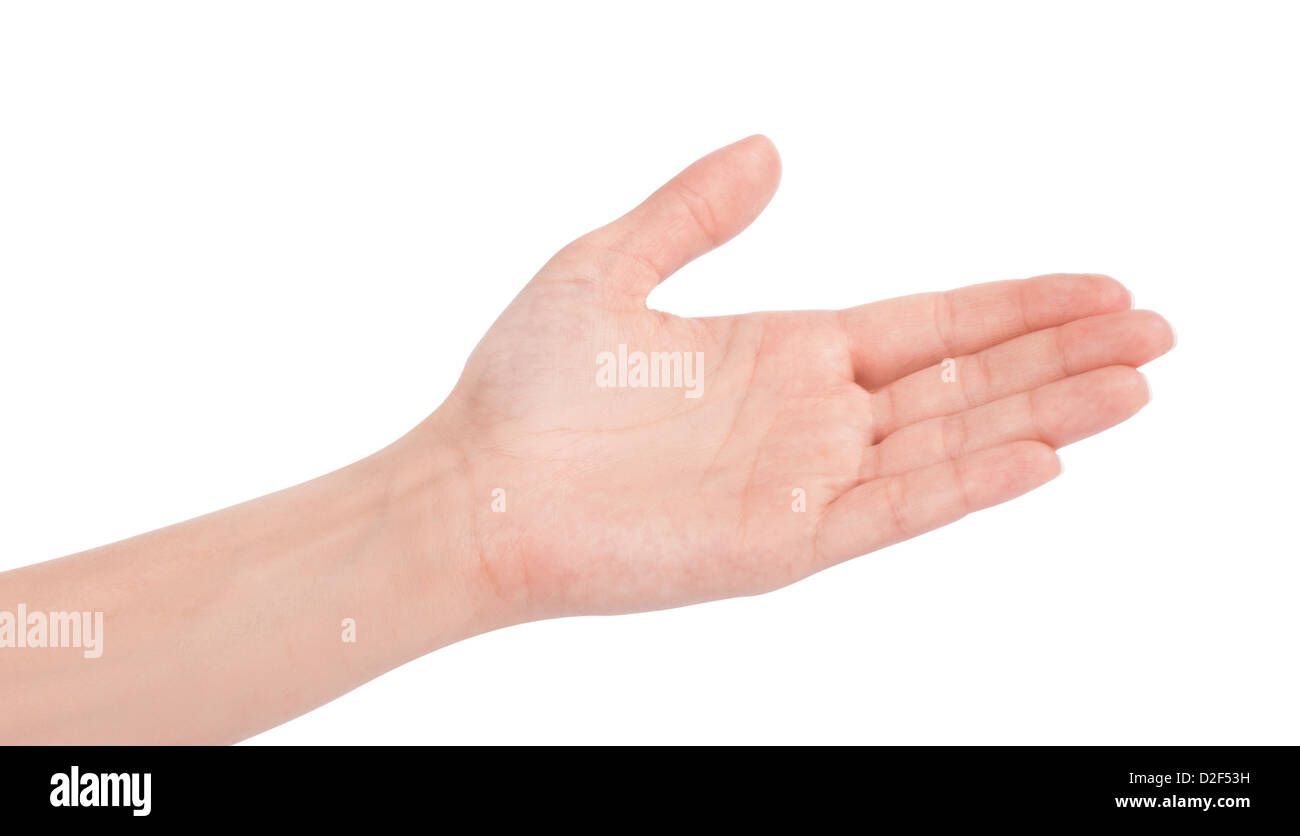 Empty open woman hand on white background Stock Photo - Alamy