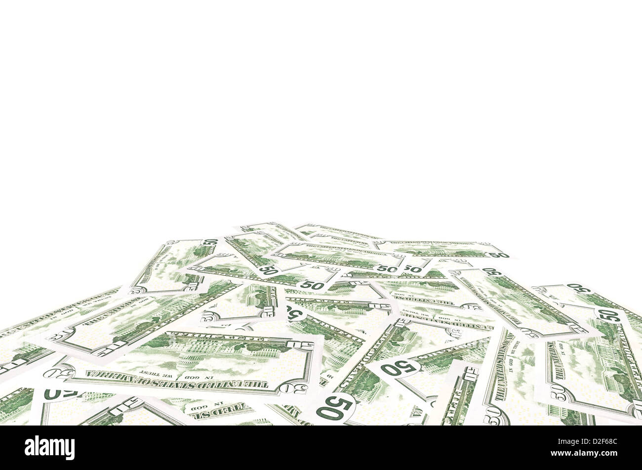 A stack of fifty 50 dollar bills fanned out with the back US Capitol ...