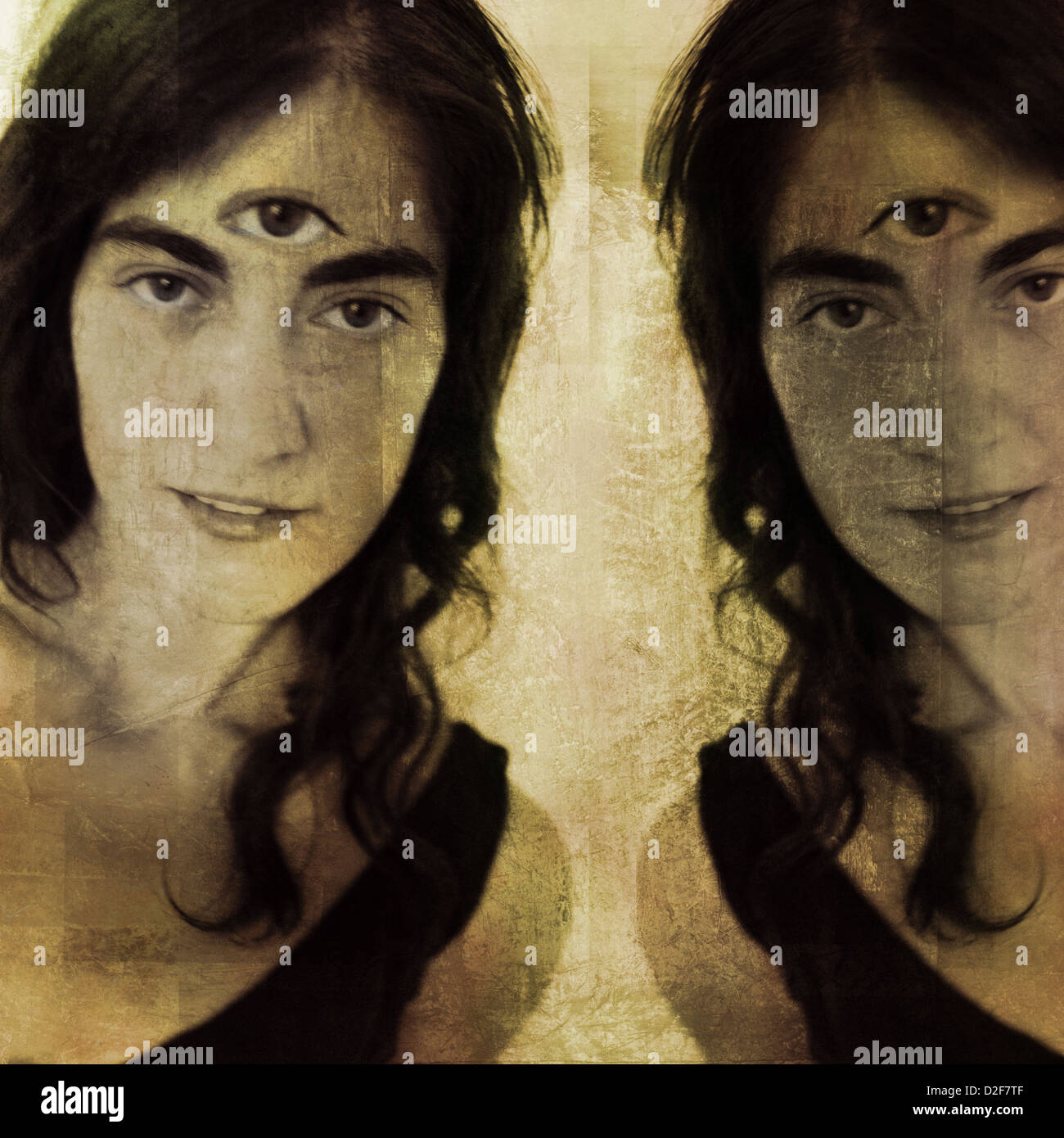 Woman with third eye and her reflection (or double). Photo based ...