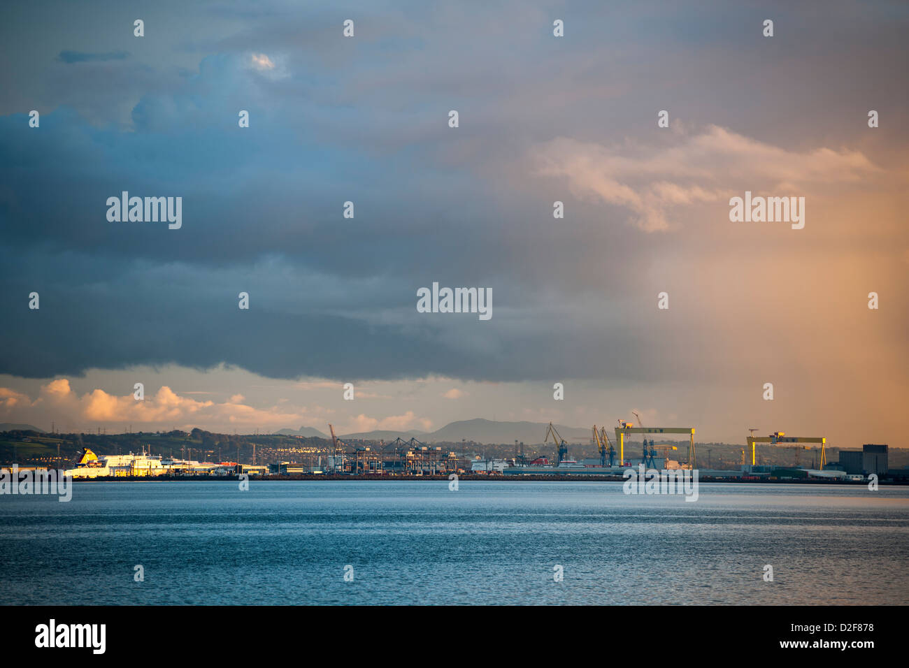 Belfast harbour at sunset with Mountains of Mourne in background Stock ...