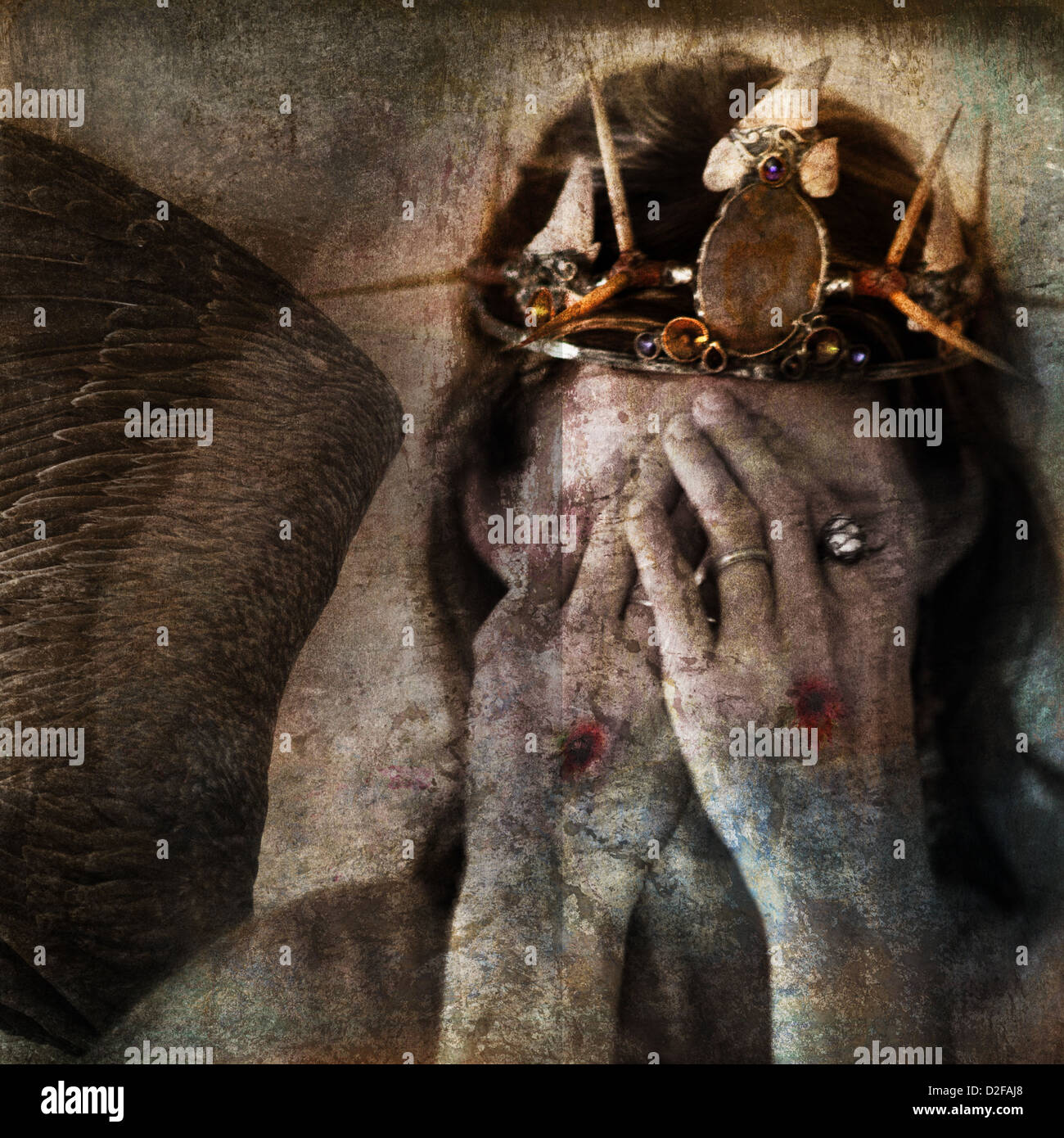 Shamanic angel martyr hiding face with stigmata on the hands. Photo ...