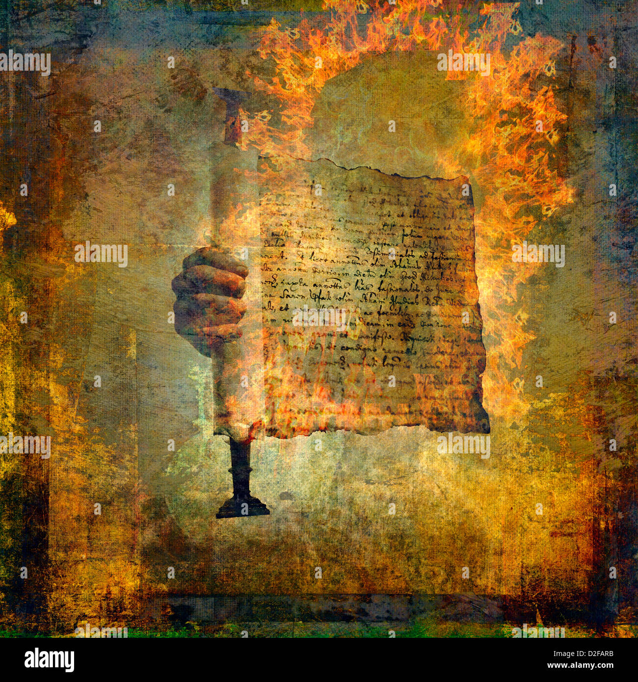 Hand holding a burning scroll. Photo based illustration Stock Photo - Alamy
