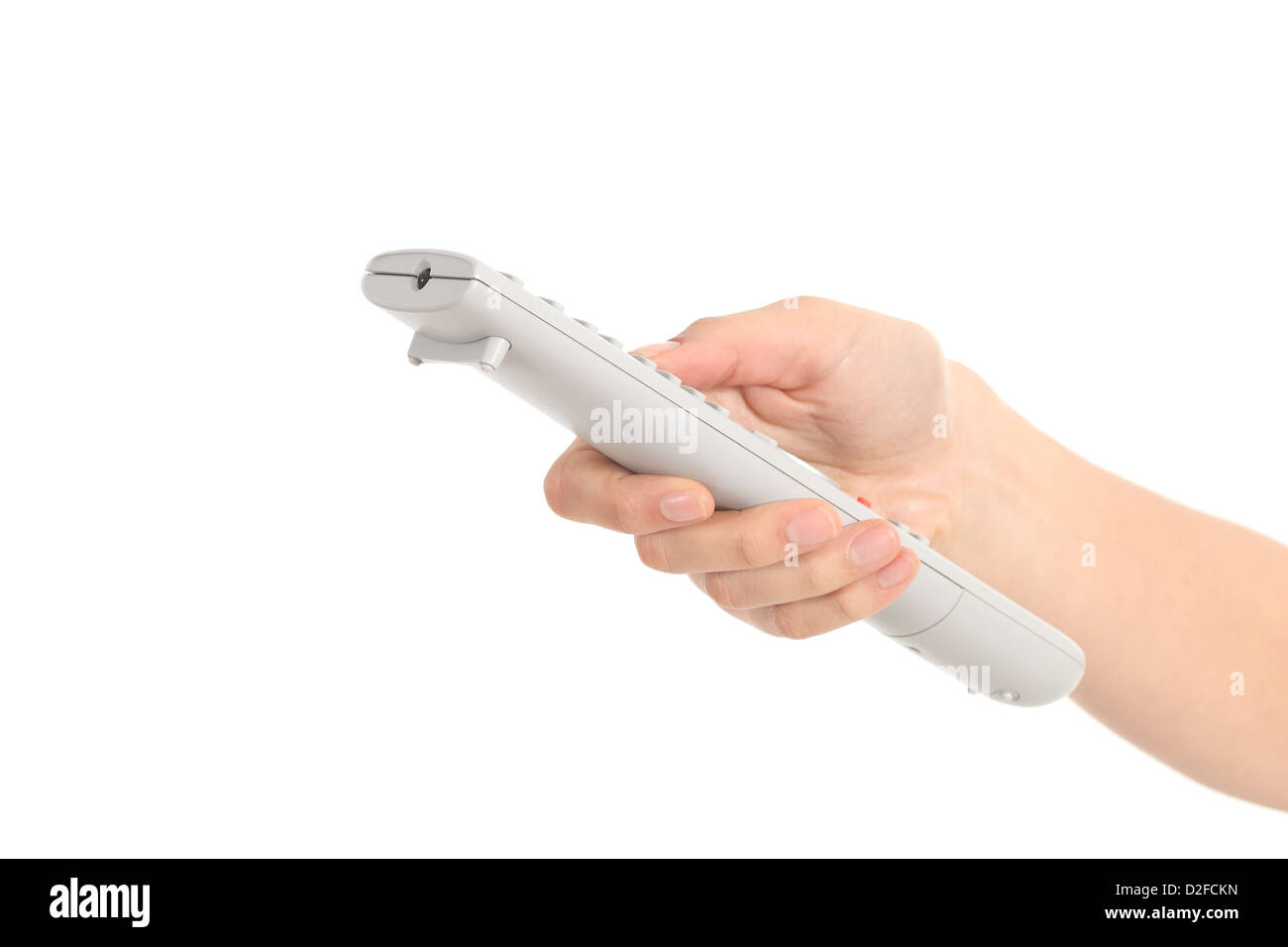 Beautiful woman hand with a tv remote control on a white isolated ...