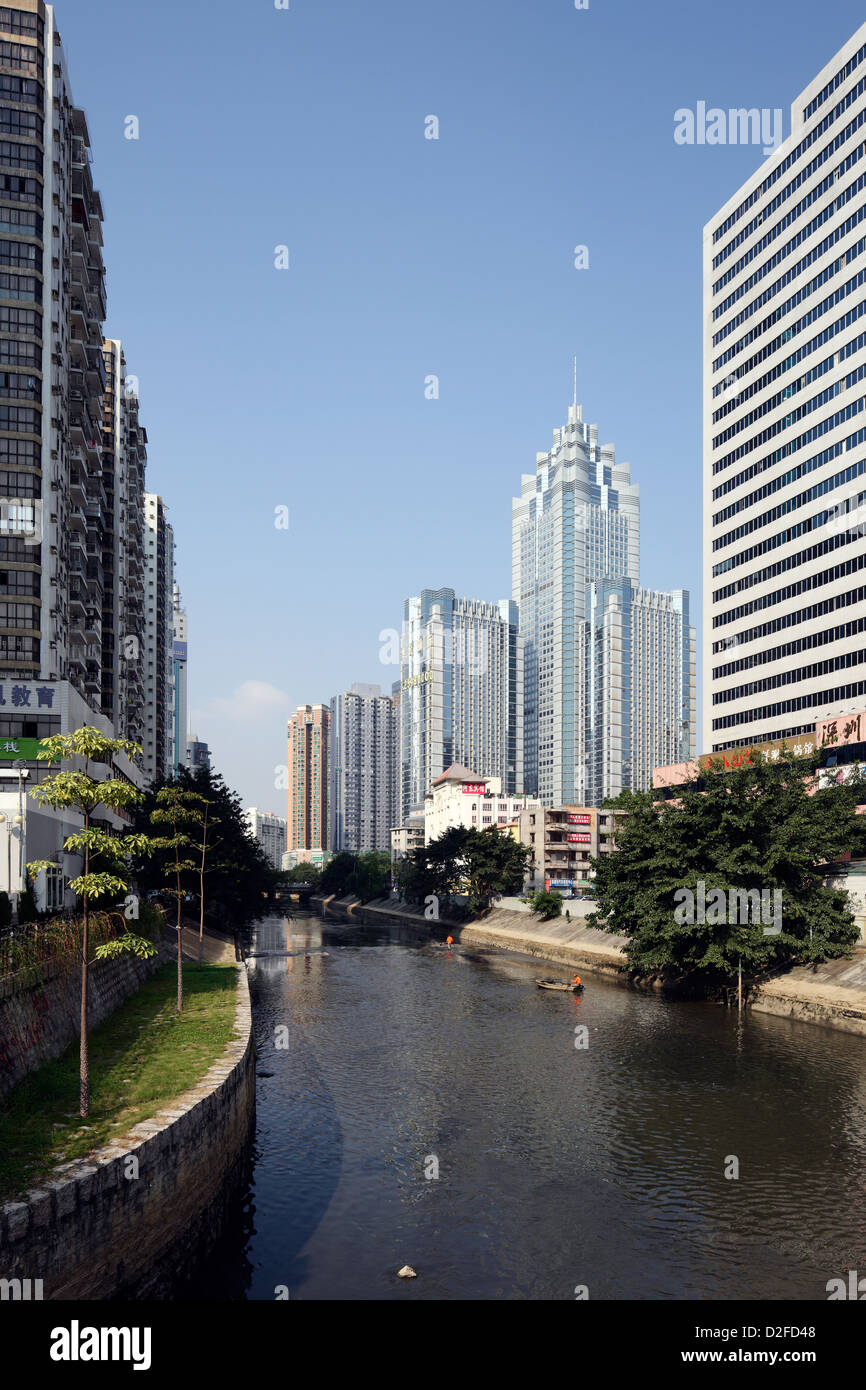 Shenzhen, China, channel and skyscrapers in the center of Shenzhen ...
