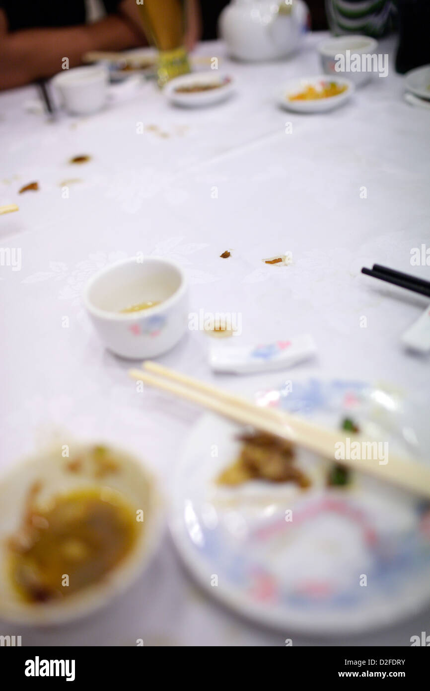 Hong Kong, China, empty table with stains on the tablecloth in Ning Po ...