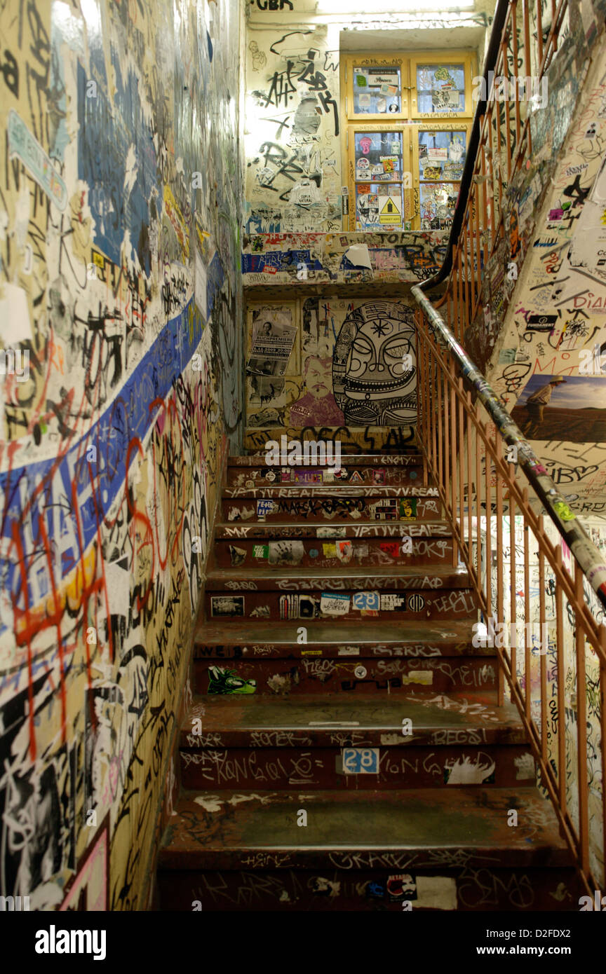 Berlin, Germany, bespruehtes with graffiti staircase in Haus ...