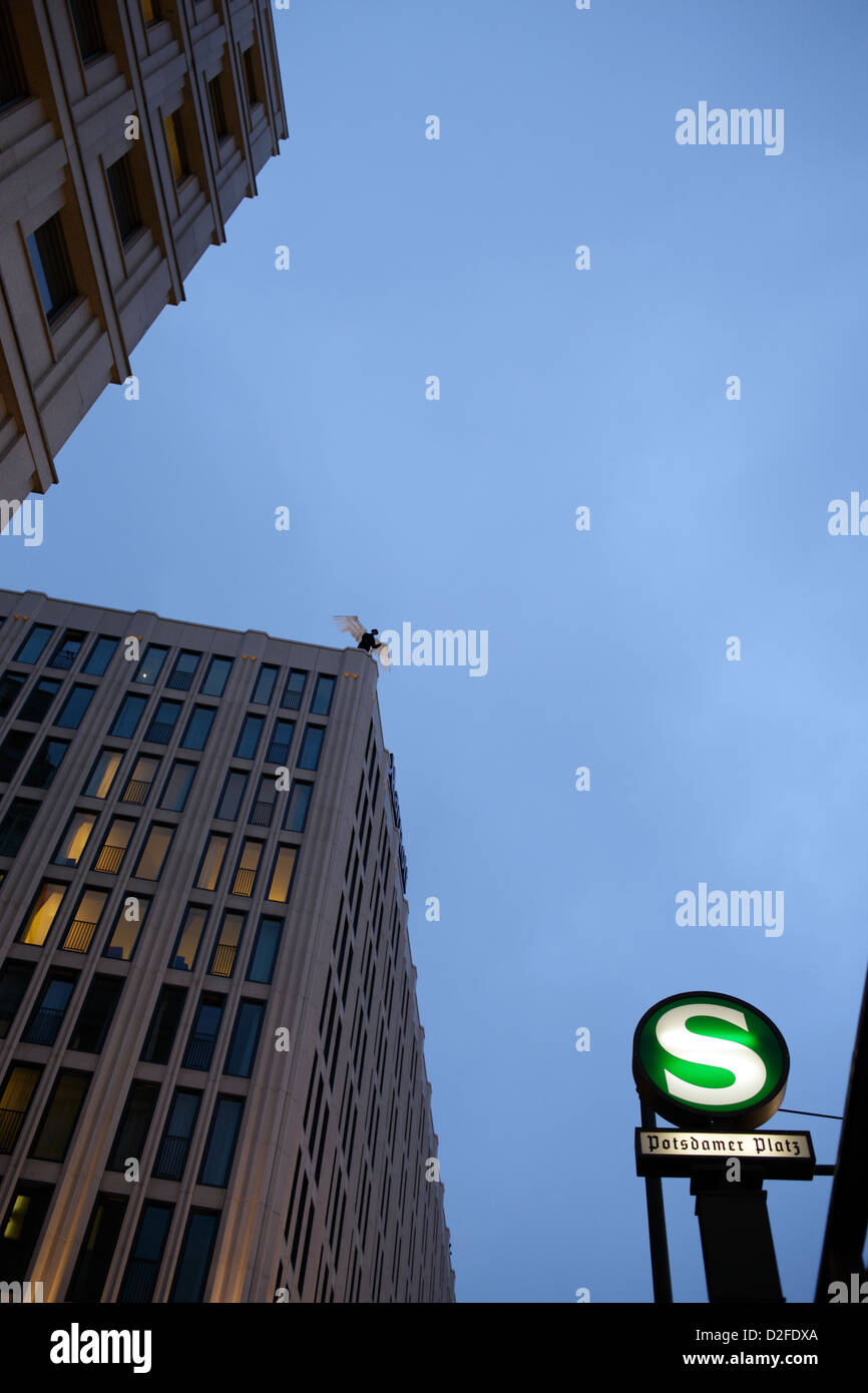 Berlin, Germany, subway sign at the Potsdamer Platz in front of the ...