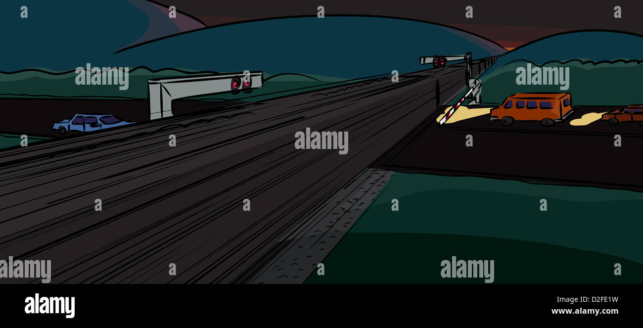 Fast freight train passes railroad crossing through highway Stock Photo ...