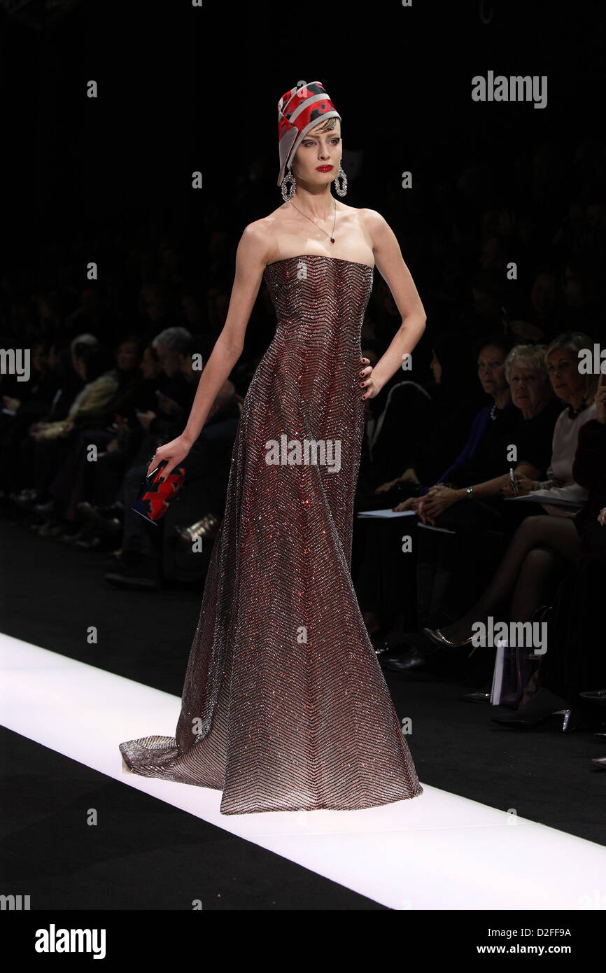 A model wears a creation by Italian designer Giorgio Armani as part of ...