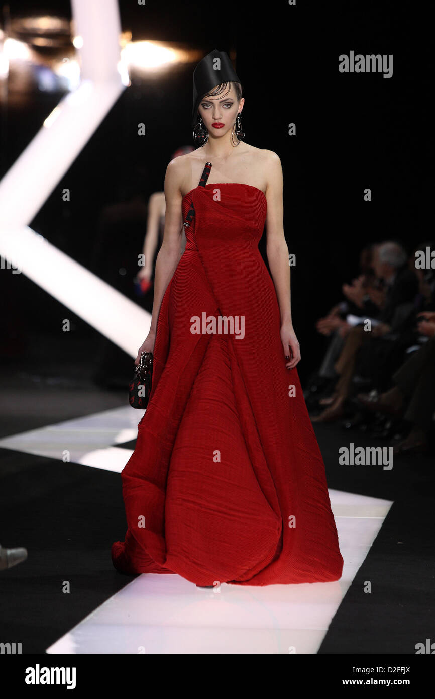 A model wears a creation by Italian designer Giorgio Armani as part of ...