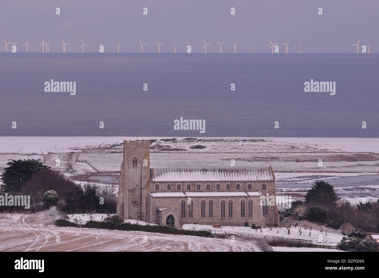 Salthouse church on the north Norfolk coast with Sheringham Shoal wind ...