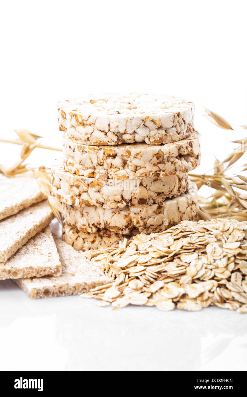 Various dietary oat products on white background Stock Photo - Alamy