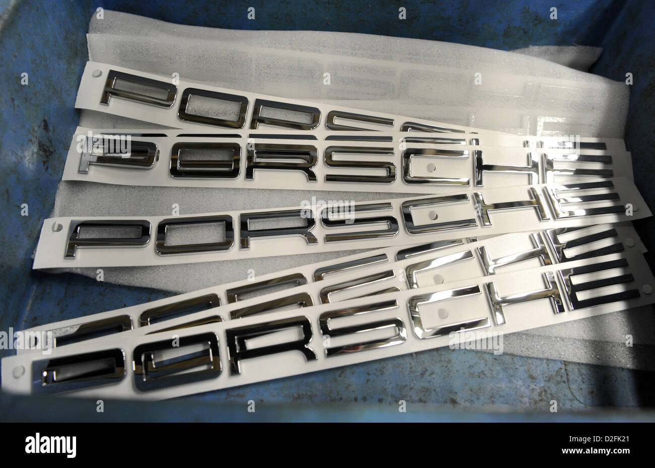 The logo "Porsche" in a box at the main assembly line of the model ...