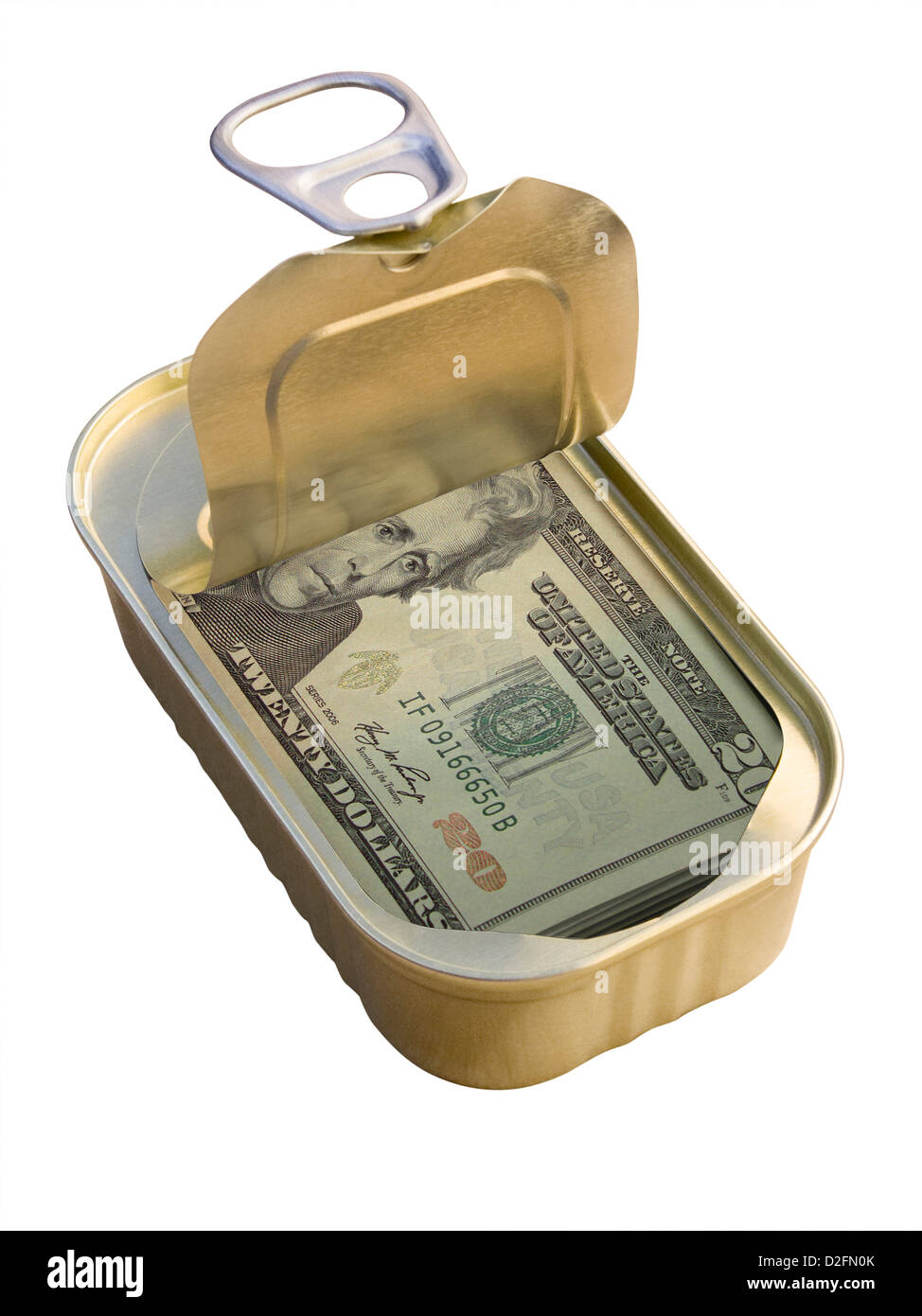 Ring Pull Tin containing 20 Dollar notes on white background - saving ...
