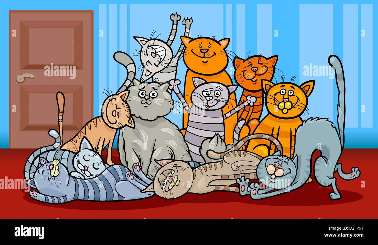 Cartoon Illustration of Happy Cats or Kittens Group at Home Stock Photo ...