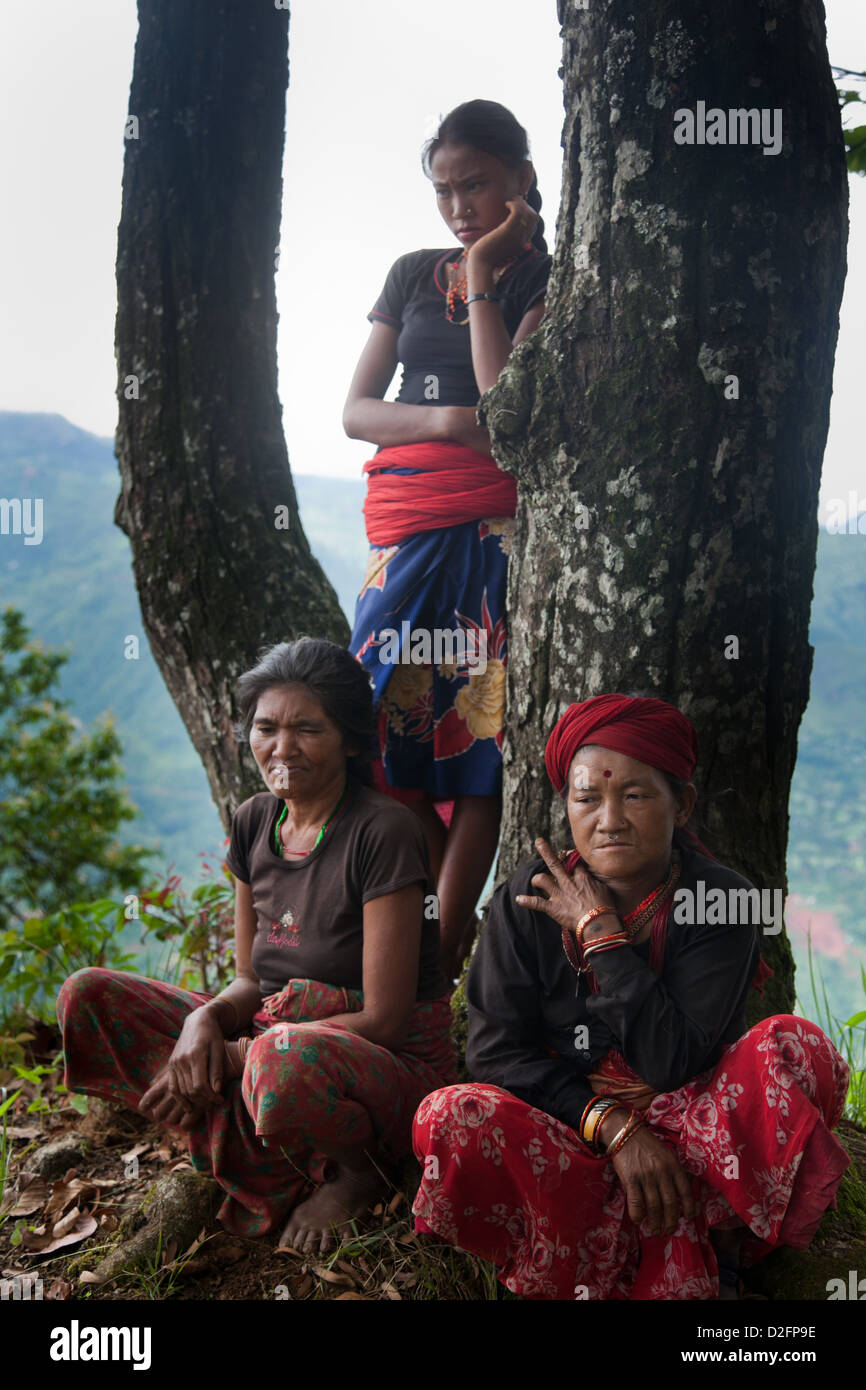 Chepang women sit under a tree at a local gathering high up in the ...