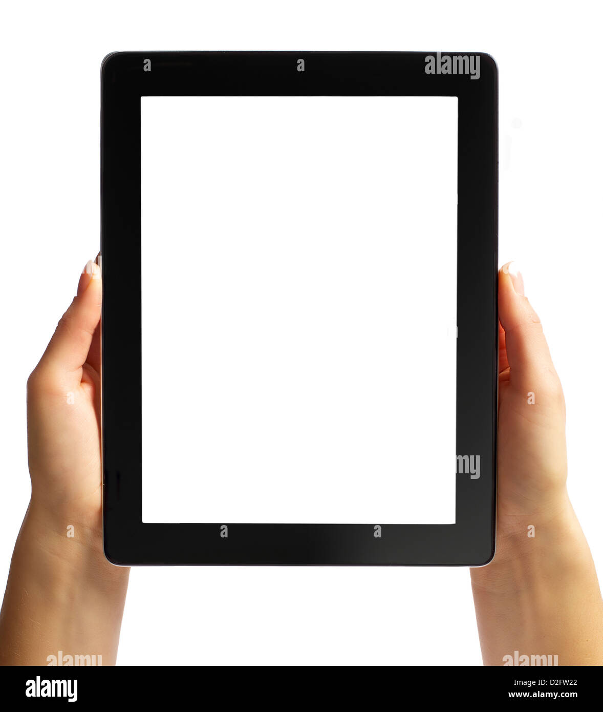 Digital tablet with blank screen in hand isolated in white background ...