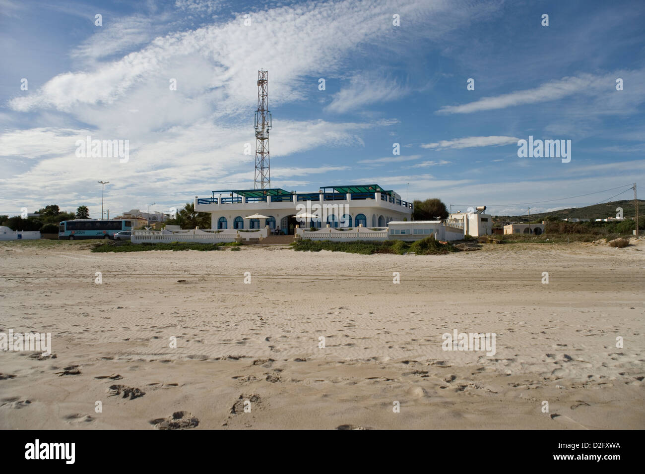 Restaurant on the beach by El Haouaria at the tip of the Cap Bon ...