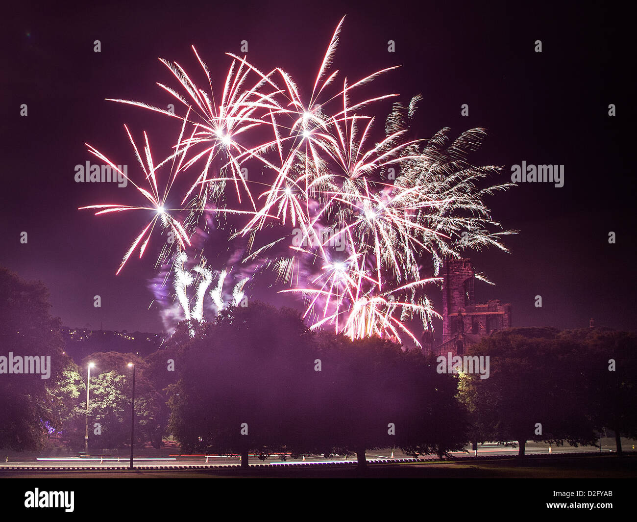 Firework display - Kirkstall Abbey Leeds Stock Photo - Alamy