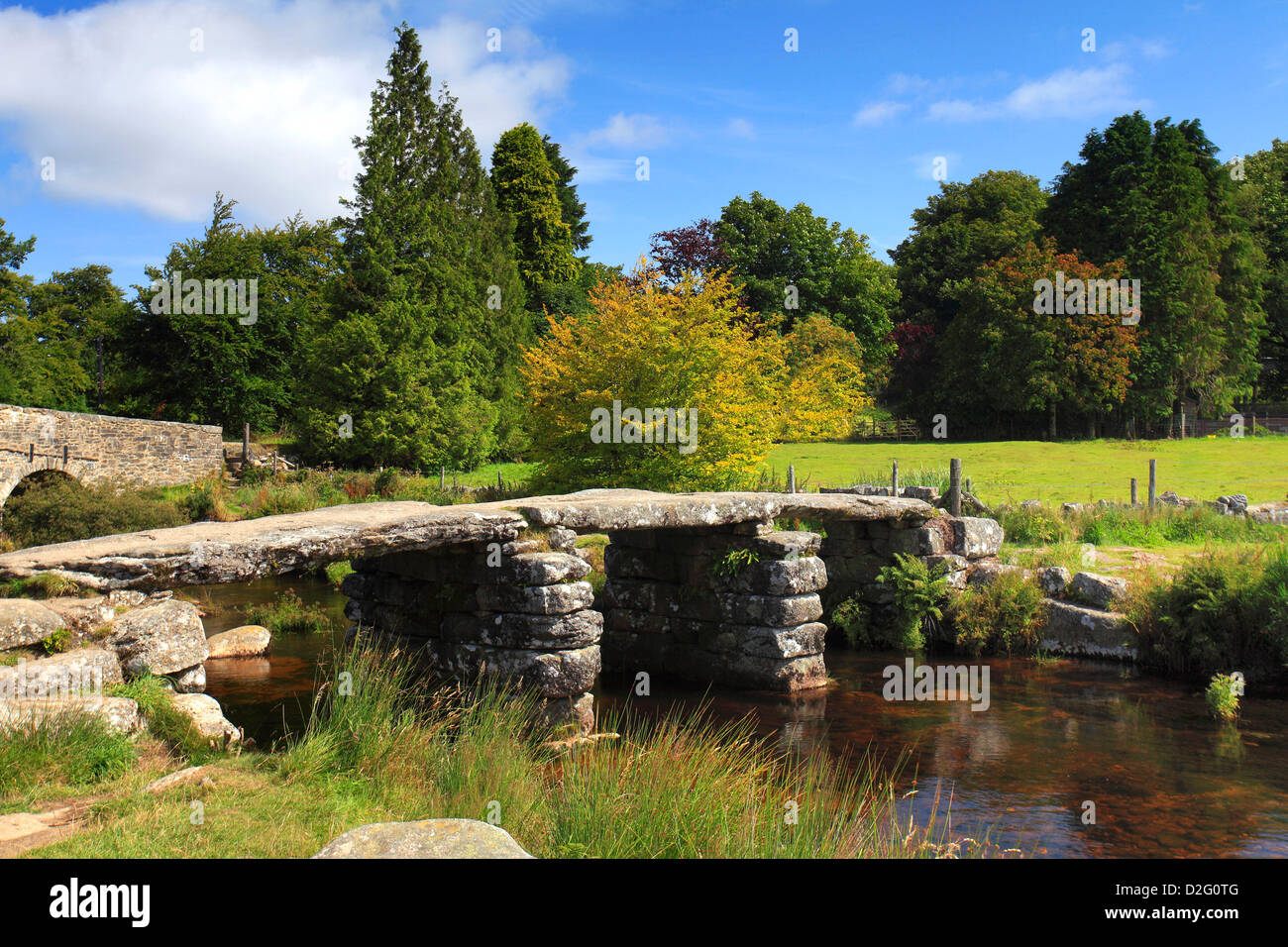 Summer, Two Bridges Ancient Stone Clapper Bridge, Postbridge village ...