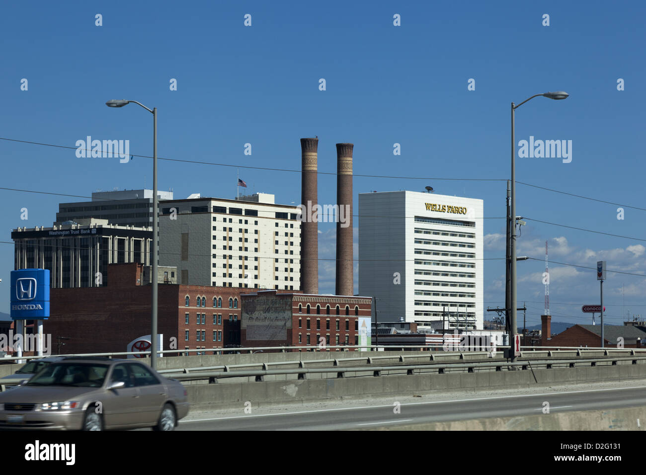 Spokane skyline from Interstate 90 freeway showing buildings and tall ...