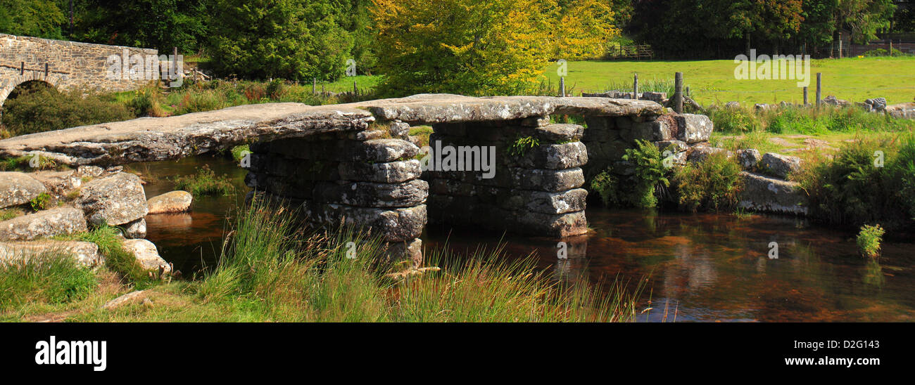 Summer, Two Bridges Ancient Stone Clapper Bridge, Postbridge village ...