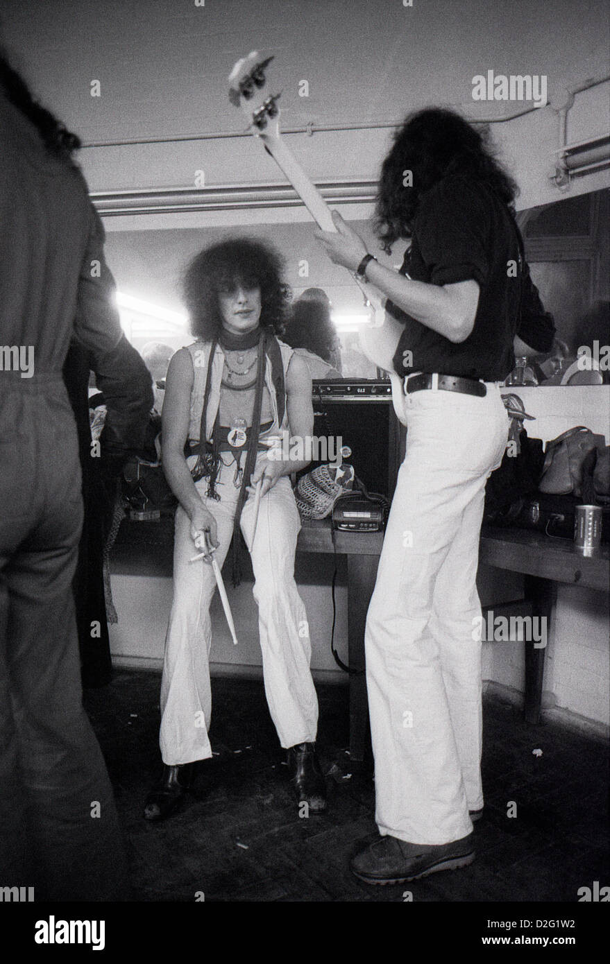 Drummer Russell Hunter sitting talking to Bass Guitarist Duncan Sandy ...