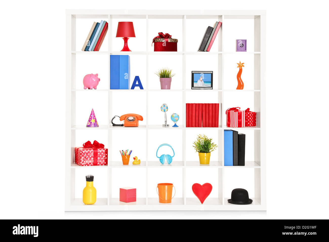 White shelves with different home objects isolated on white background ...