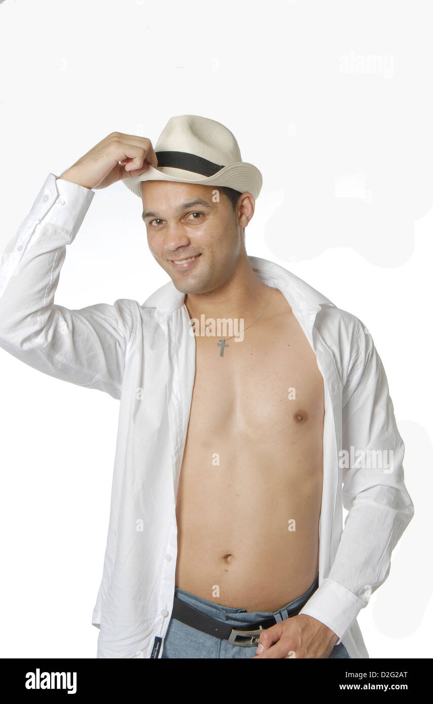 Happy, smiling, relaxed man in open shirt and bare chest wearing a ...