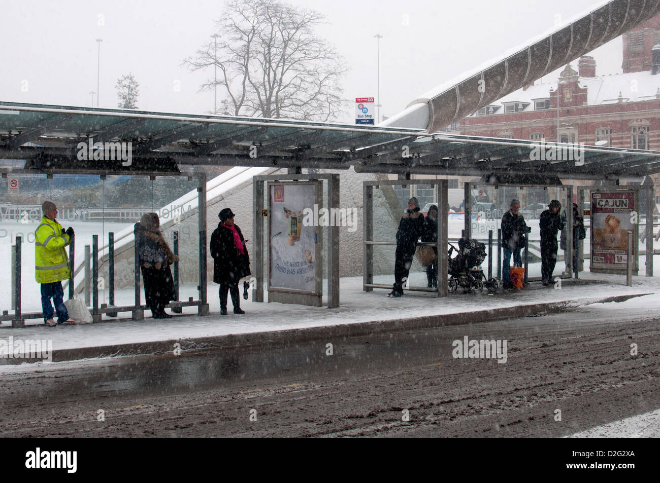 Bus stops in snowy weather, Coventry city centre, UK Stock Photo - Alamy