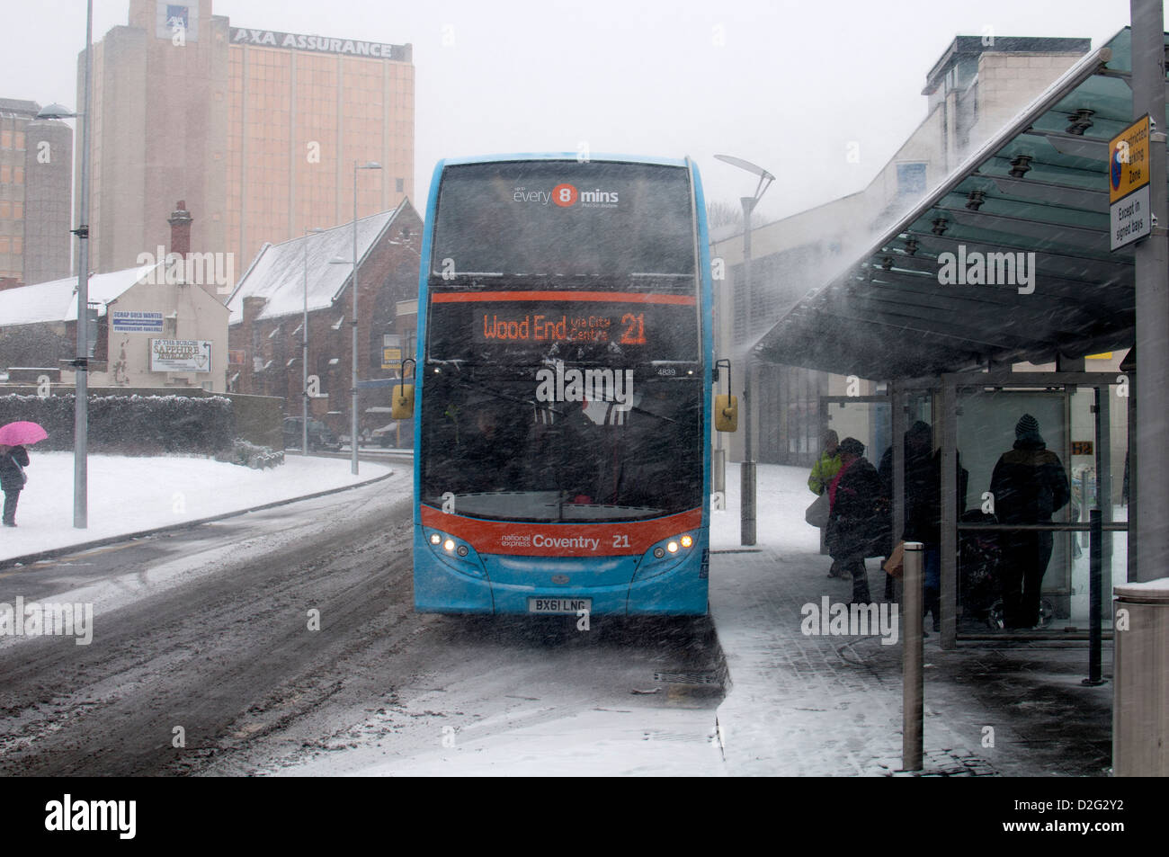 Bus in snowy weather, Coventry city centre, UK Stock Photo - Alamy