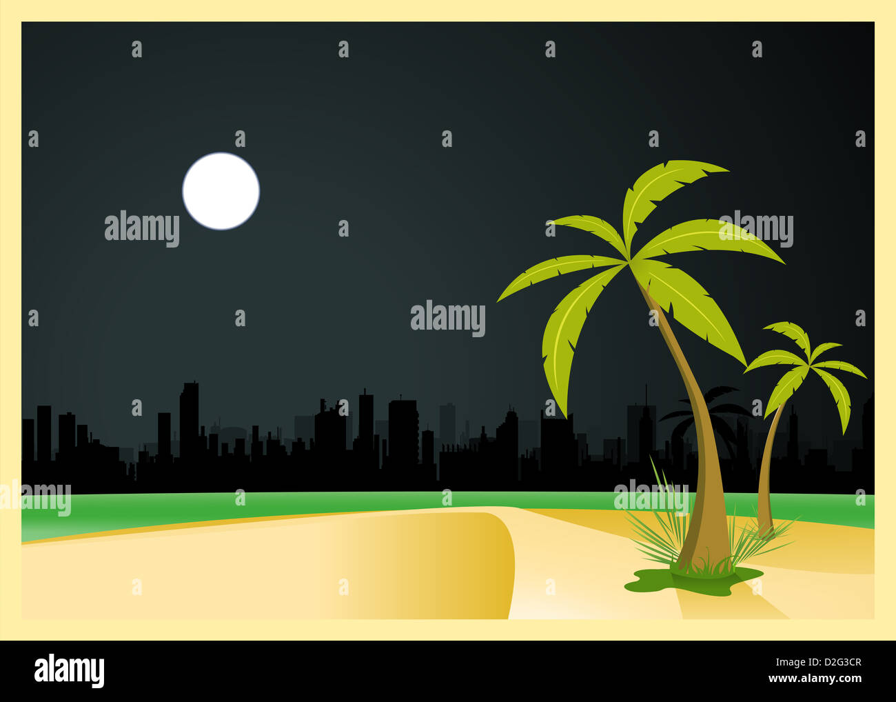 Illustration of a tropical beach near the city by night Stock Photo - Alamy