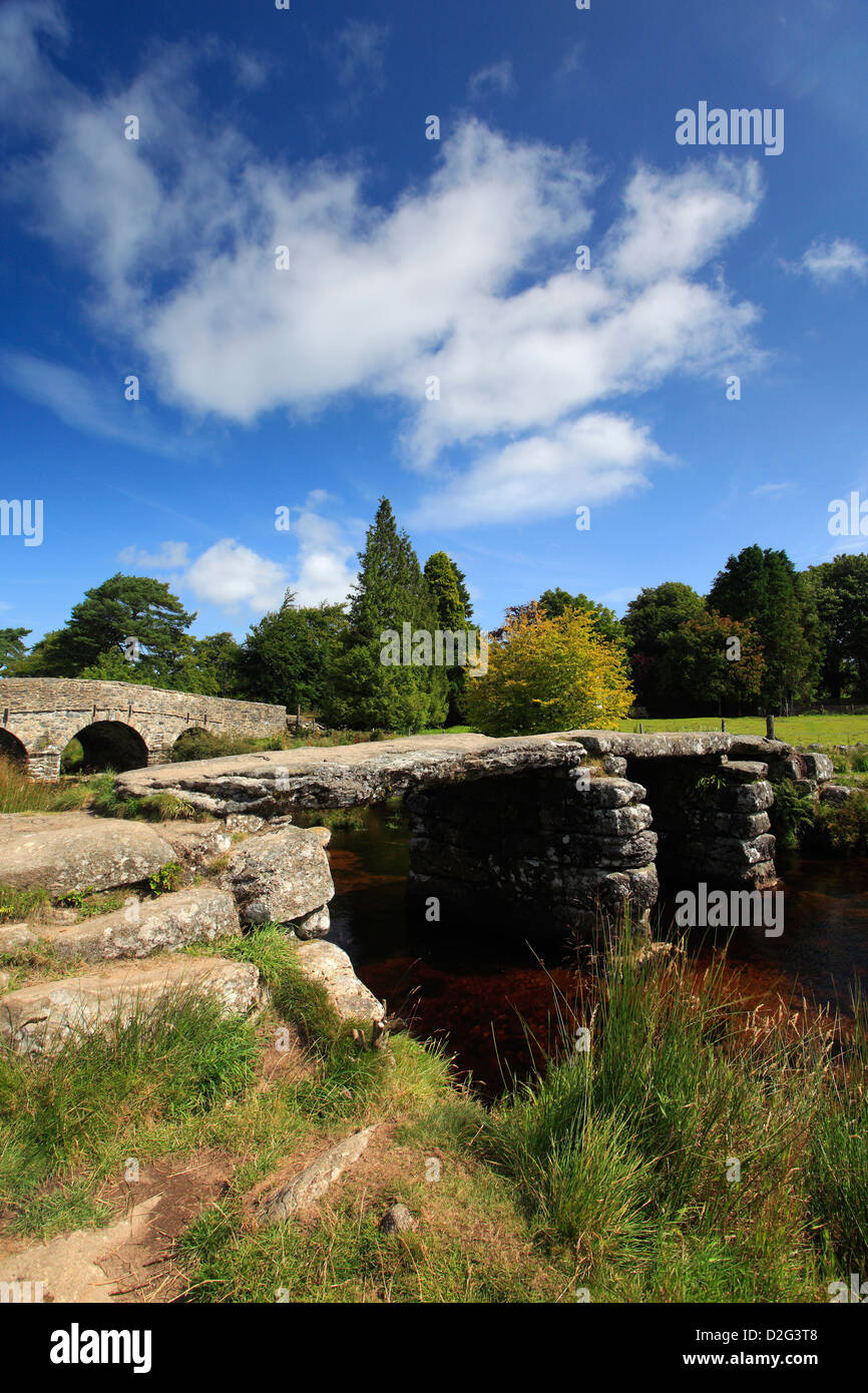 Summer, Two Bridges Ancient Stone Clapper Bridge, Postbridge village ...