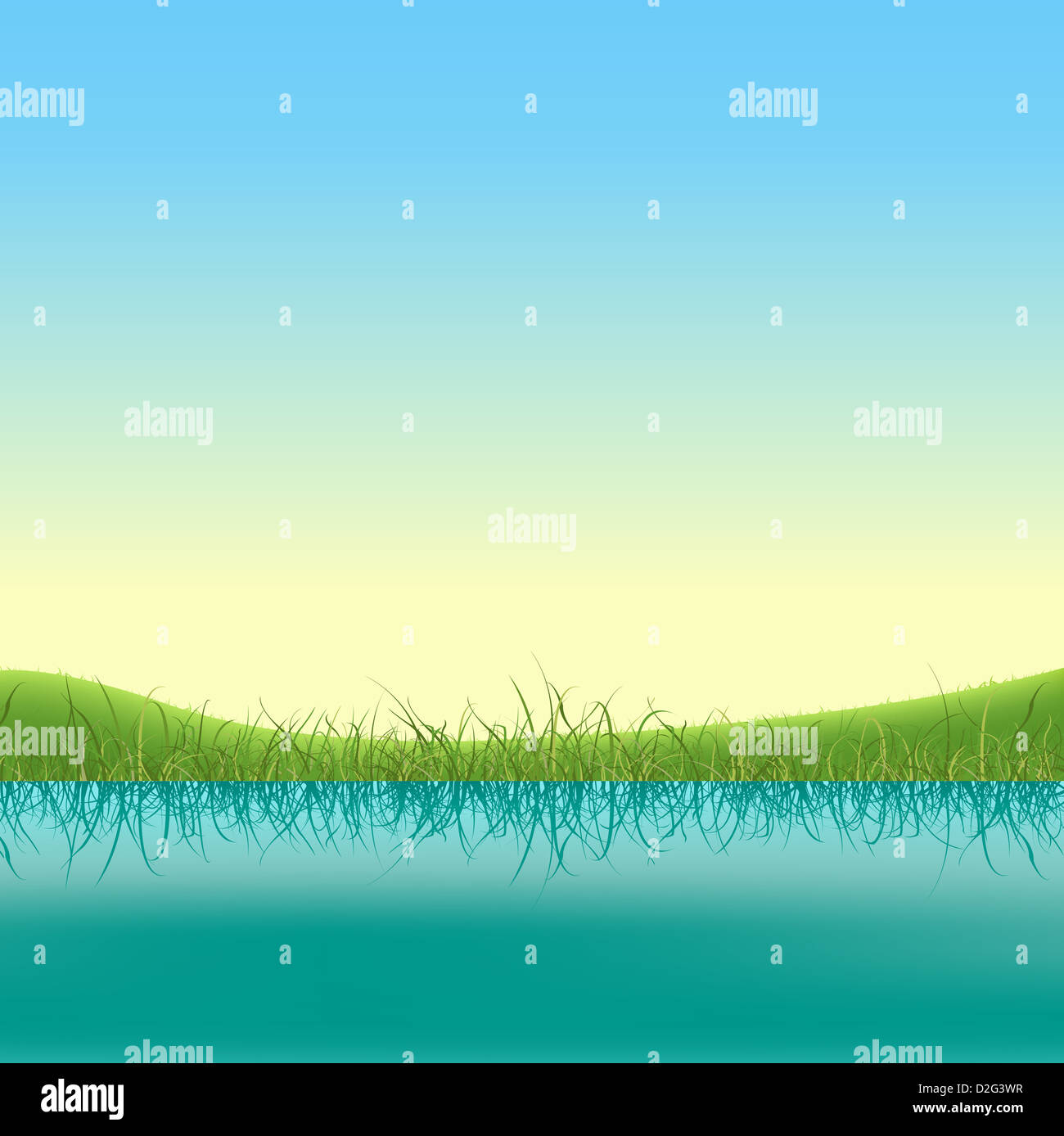 Illustration of a spring or summer lake banner with grass and fields ...