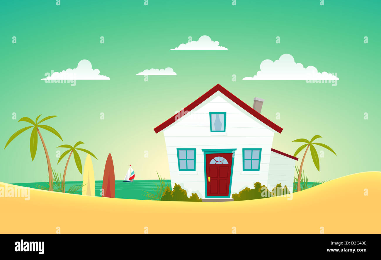 Illustration of a cartoon house near the summer beach with sailing boat ...