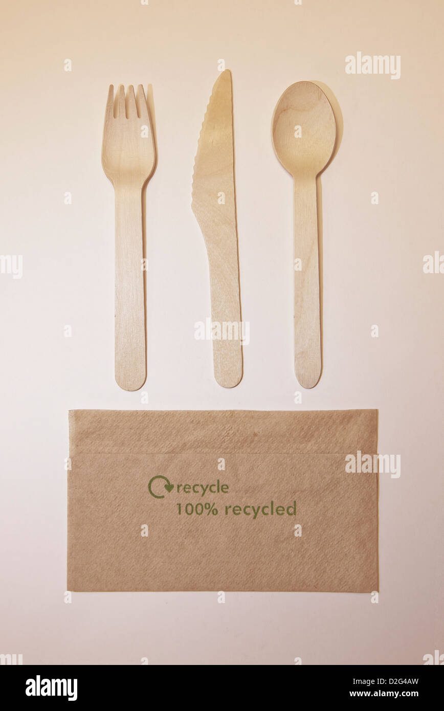 Still life image of 100% recycled cutlery set. They are made of wood ...