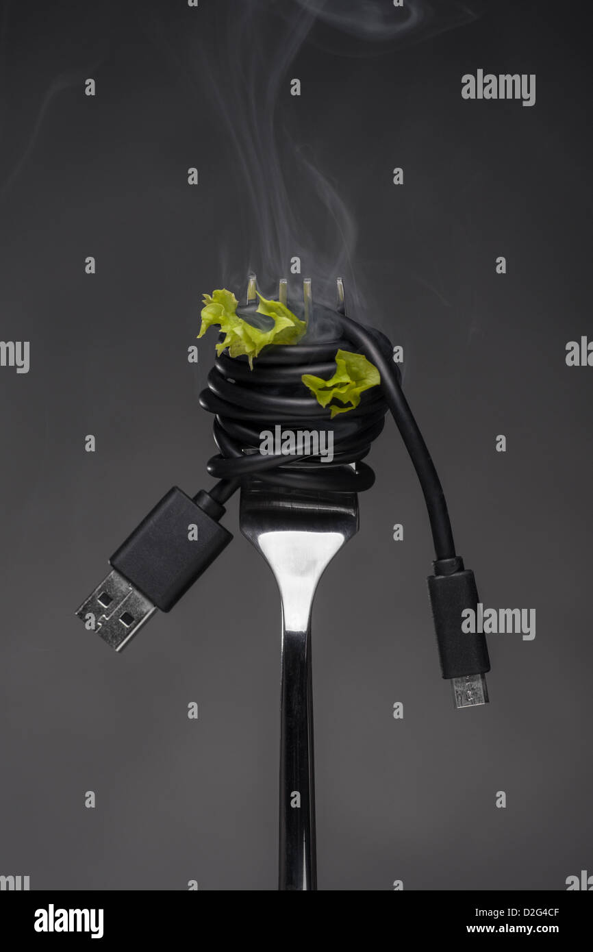 Spaghetti USB cable on fork with salad leaves and smoke, tasty ...