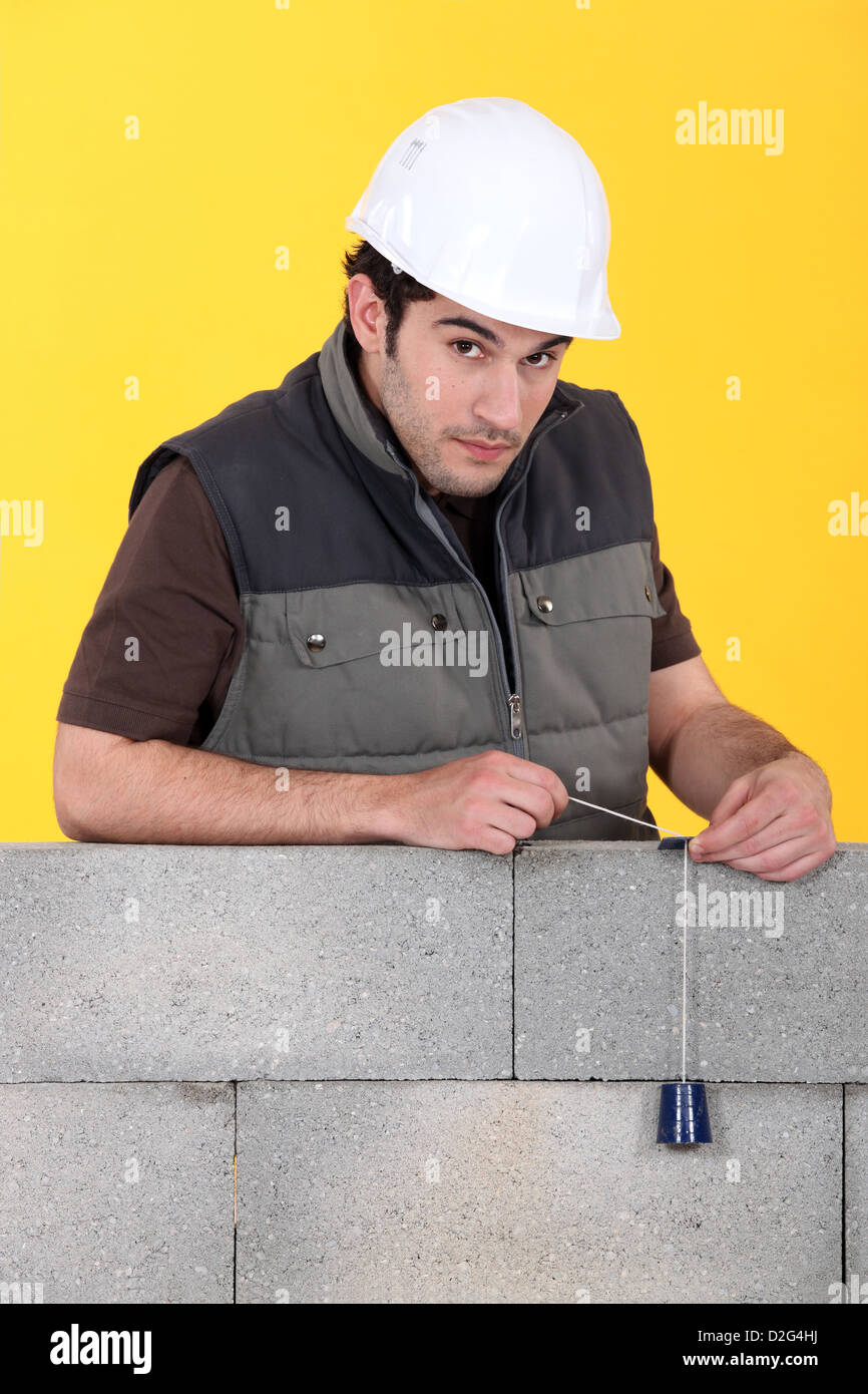 Bricklayer with a plumb line Stock Photo - Alamy
