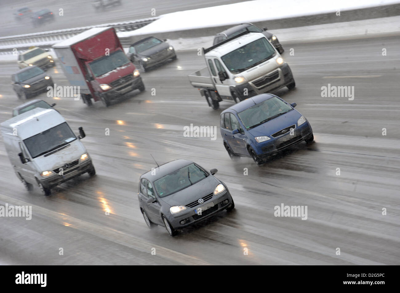 Cars drive in snow fall on Autobahn A8 near Munich, Germany, 21 January ...