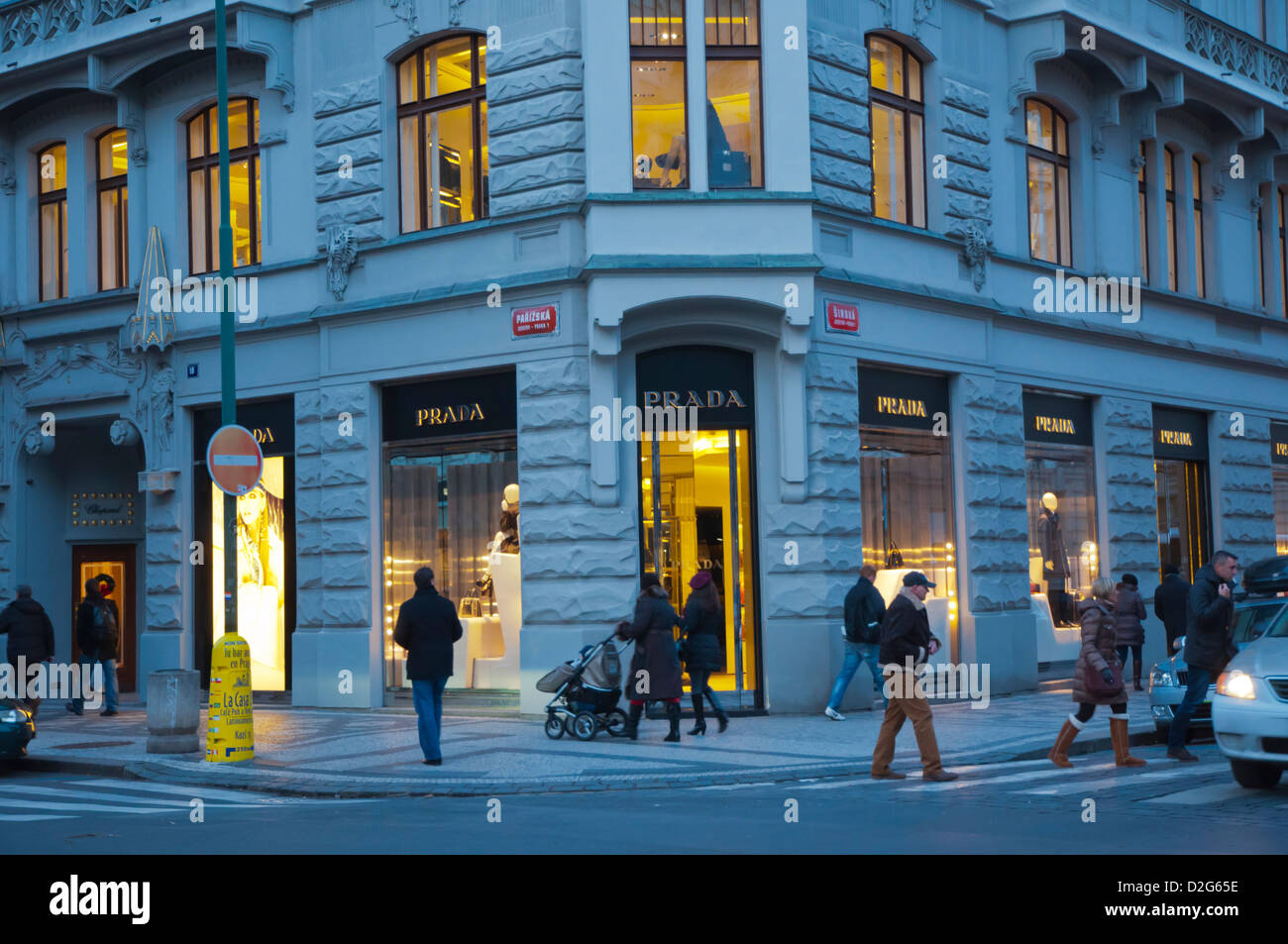 Prada shop exterior along Parizska street Josefov the Jewish district ...